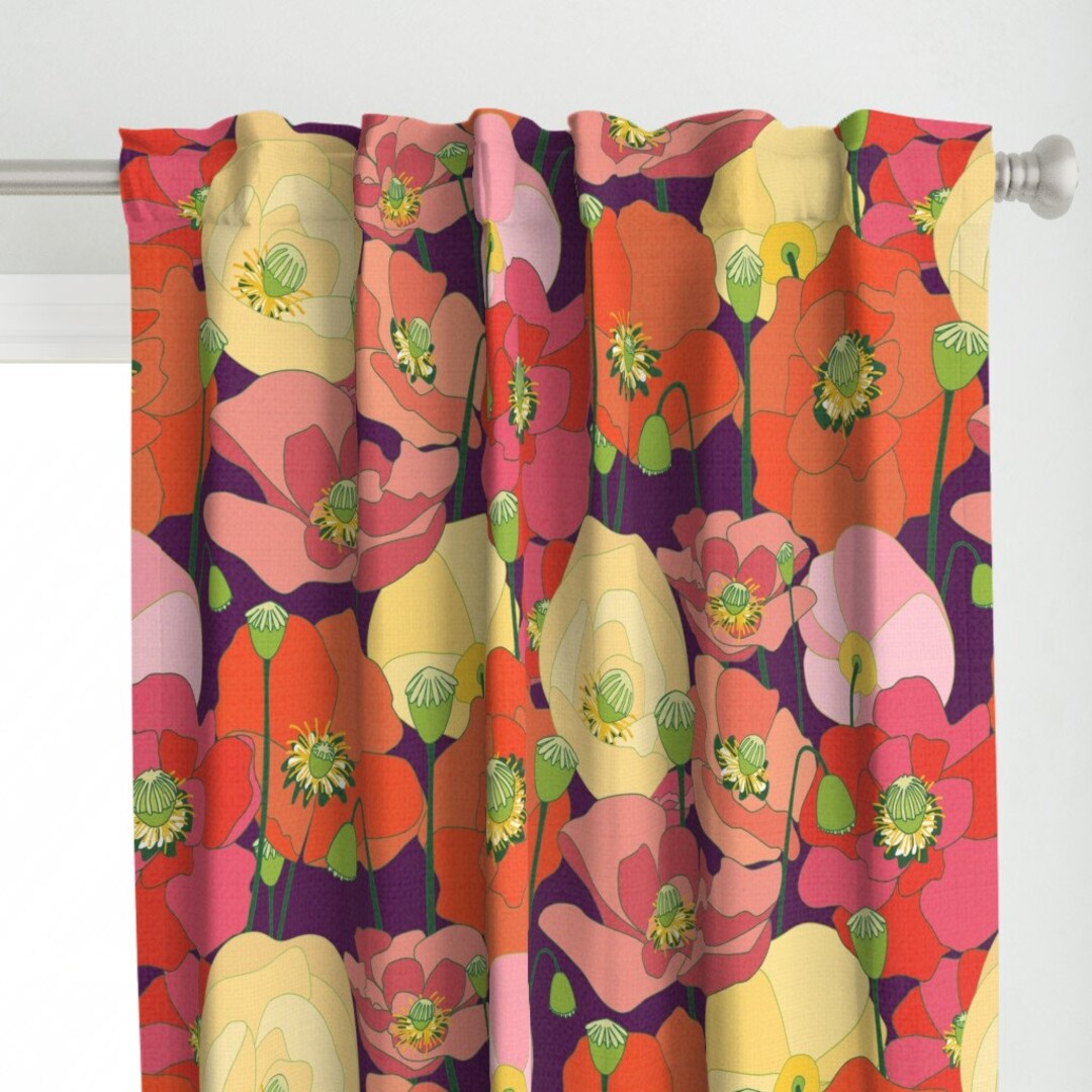 Vintage Curtain Panel - Wild Poppy Meadow by Dustydiscoball - Bright ...