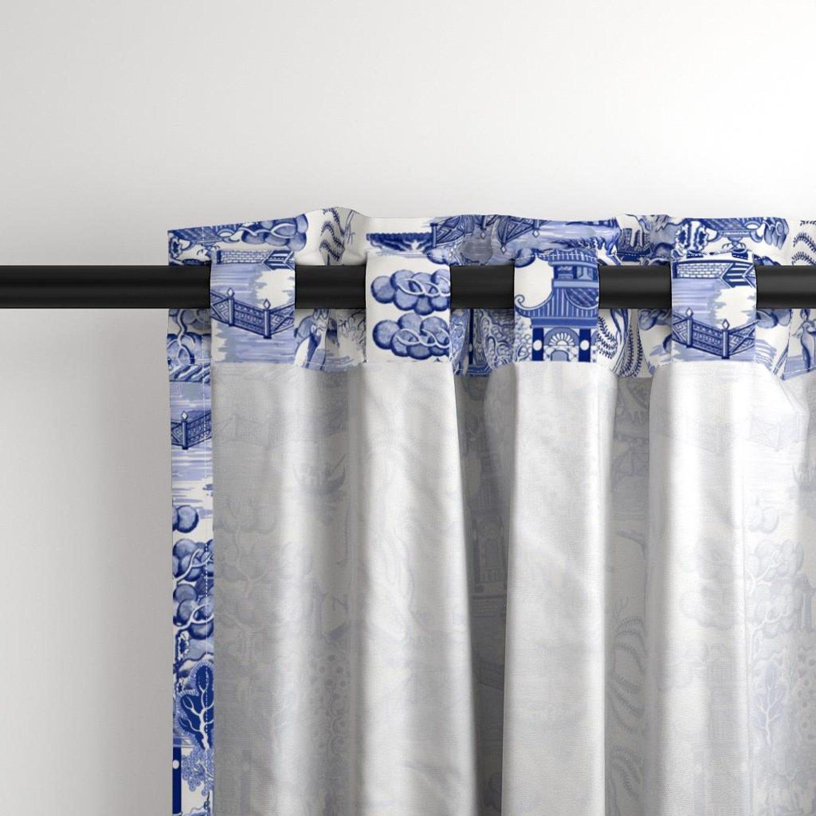 Pagoda Chinoiserie Curtain Panel - Blue Toile Chinese Botanical Garden ...