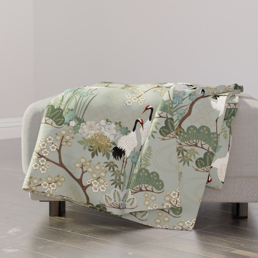 Crane Chinoiserie Throw Blanket Japanese Garden Sage by Juditgueth ...