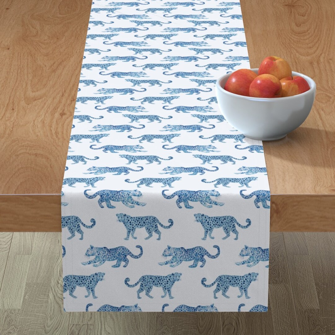 Exotic Animal Table Runner Leopard Parade Blue White by - Etsy
