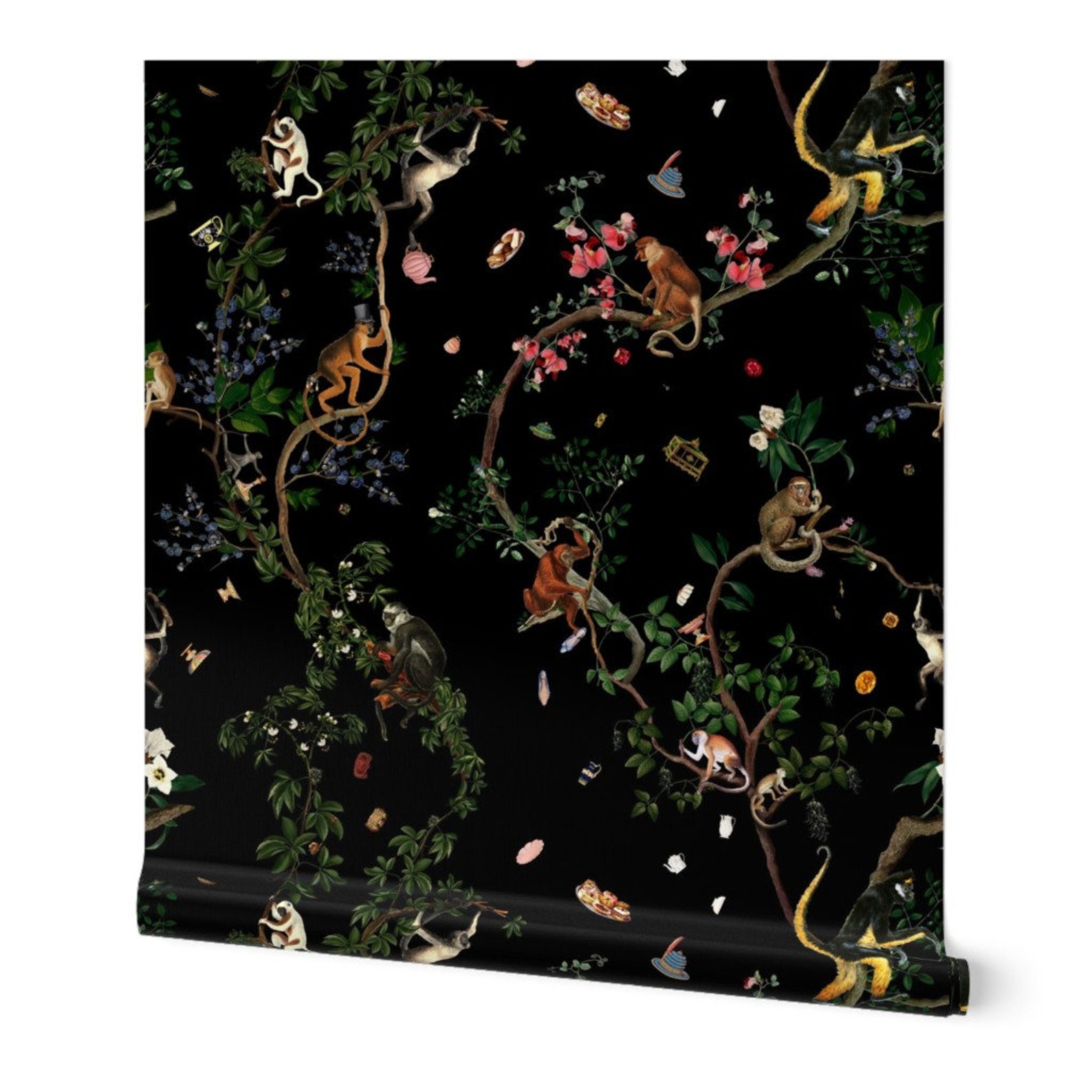 Exotic Monkey Non-pasted Wallpaper Jungle Forest Chinoiserie Tropical ...