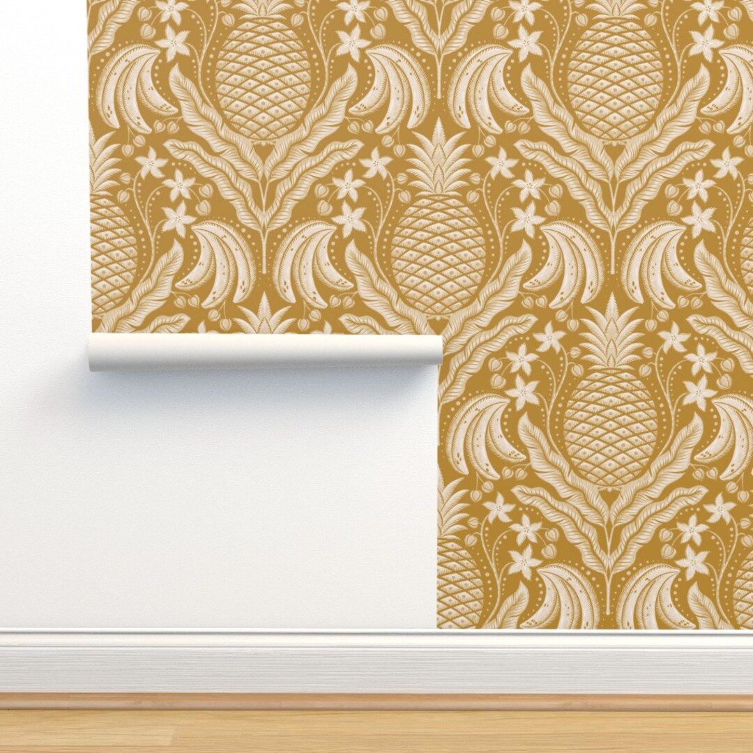 Pineapple Damask Non-pasted Wallpaper Tropical Mustard Gold - Tropical ...