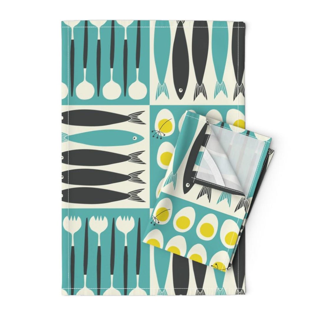 Retro Tea Towels Set of 2 - Foodie Kitchen Fish Eggs Cutlery Mcm ...