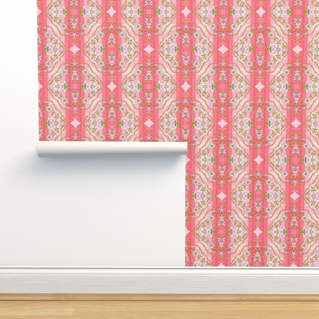 Ornate Pink Commercial Grade Wallpaper Floral Damask Medallion by Susie ...