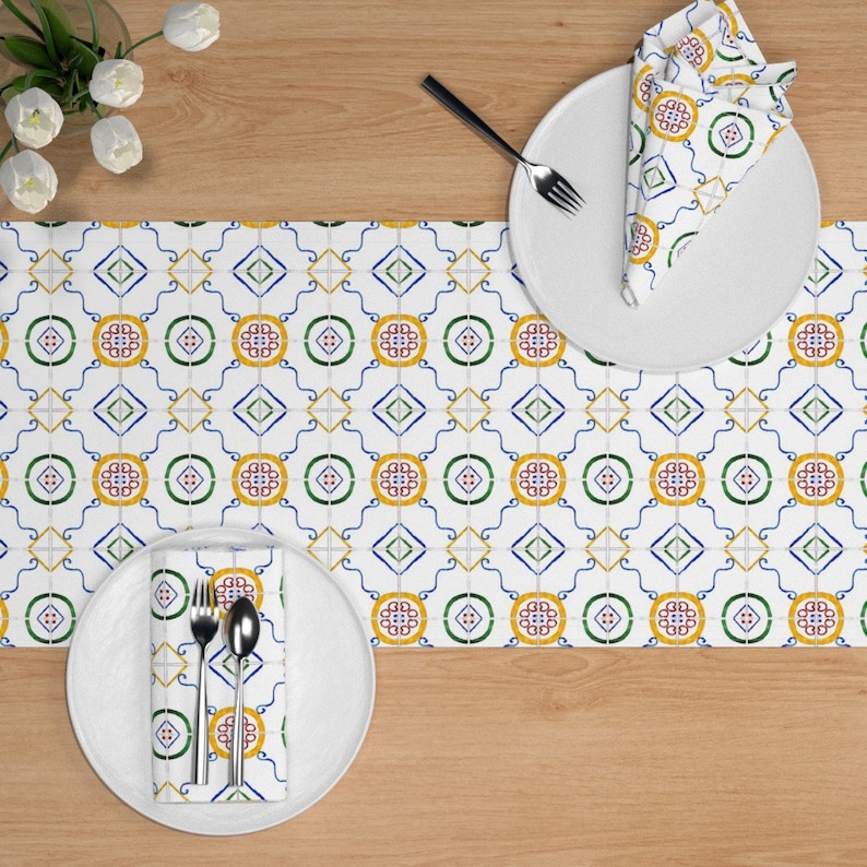 Spanish Tiles Table Runner Majolica Watercolor Tiles by - Etsy