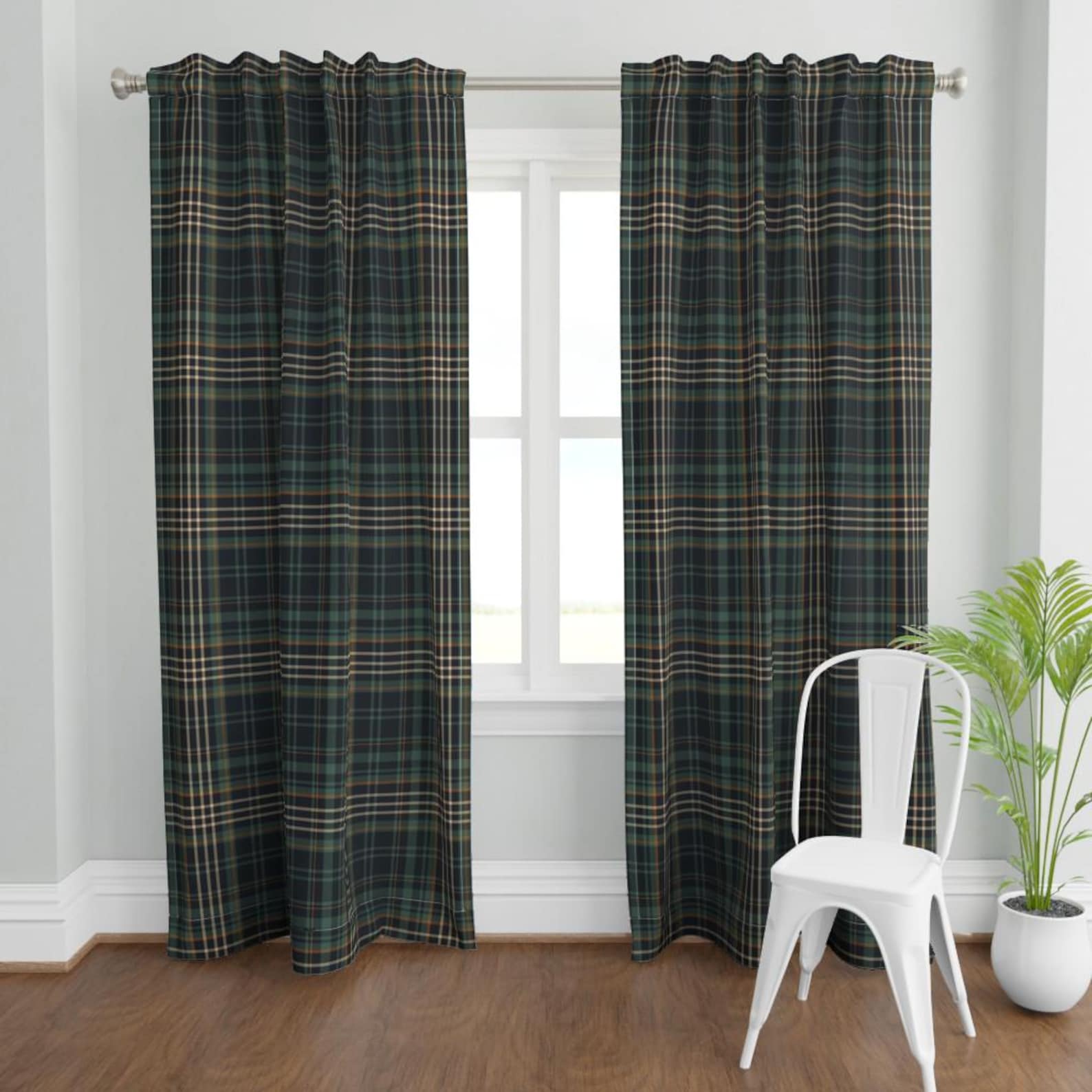 Dark Green Check Curtain Panel - Rustic Cabin Autumn Plaid Cozy Fall ...