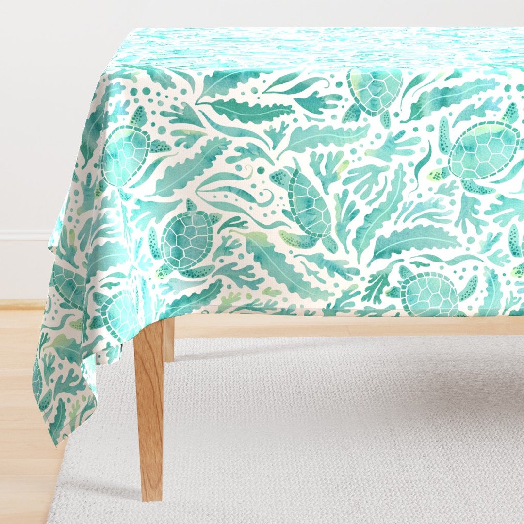 Watercolor Sea Tablecloth Turtles and Seaweed by Cat_hayward Aqua Green ...