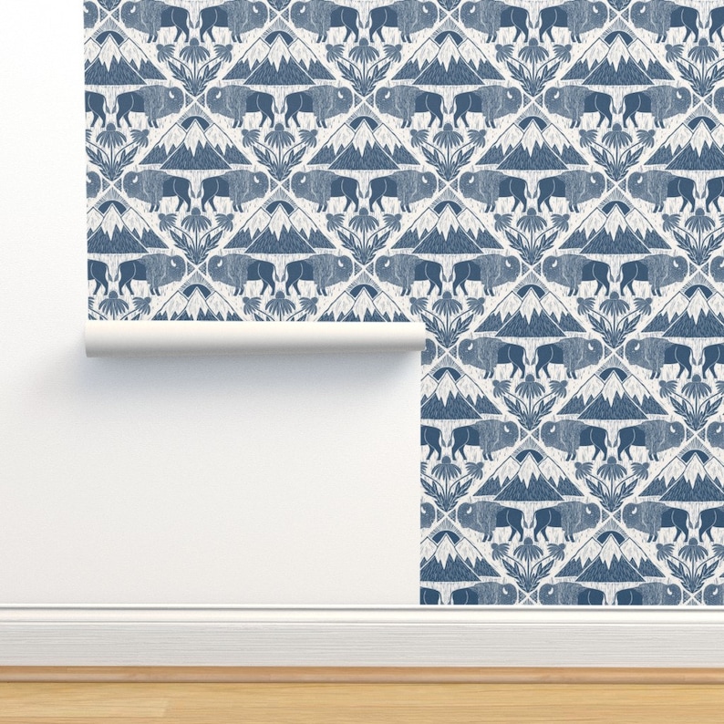 National Park Non-pasted Wallpaper Blue Buffalo Navy Western Folk Art ...