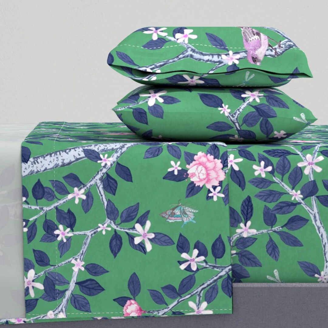 Bird in Garden Sheets - Elsie's Garden Bright Green Navy by Danika ...