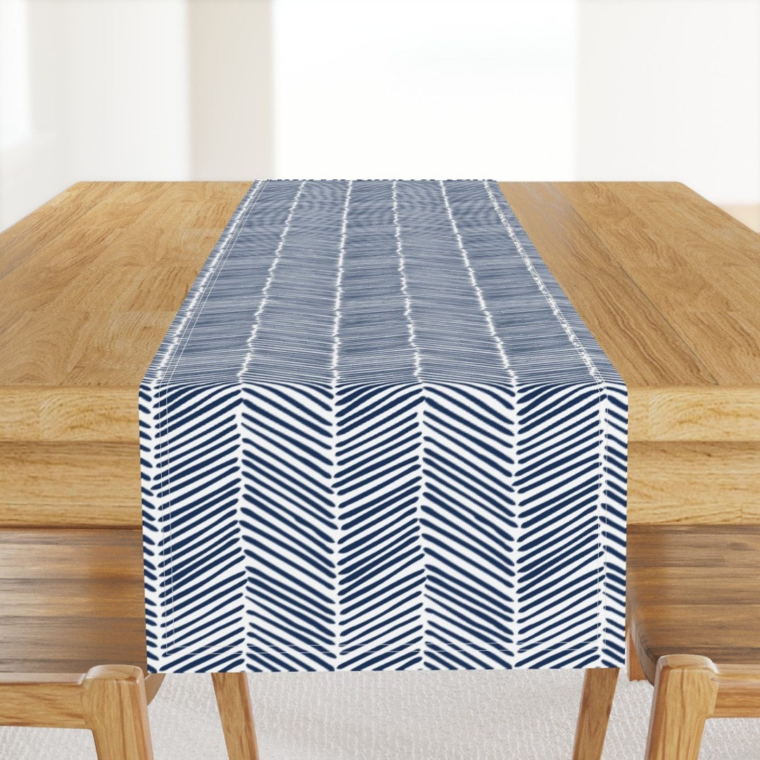 Herringbone Table Runner - Freeform Arrows Indigo by Domesticate - Navy ...