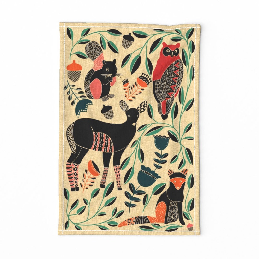 Folk Art Tea Towel - Woodland Animals by Jeneta - Woodland Deer Fox Owl ...