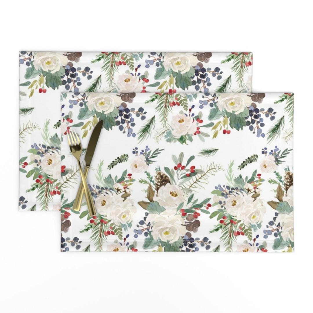 Christmas Placemats Set of 2 - Winter Flowers Floral Bouquet White ...