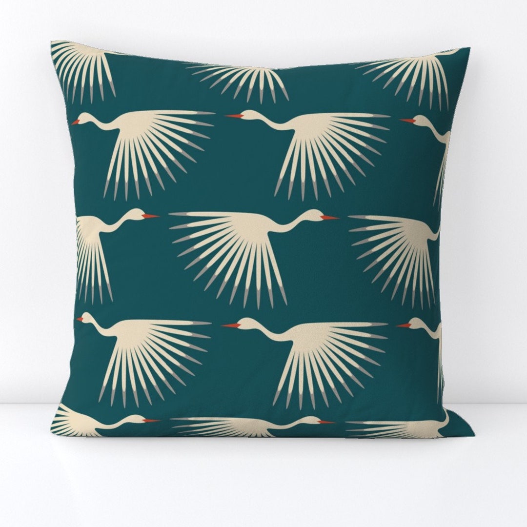 Birds Throw Pillow - Art Deco Cranes by Katerhees - Teal Art Deco Crane ...