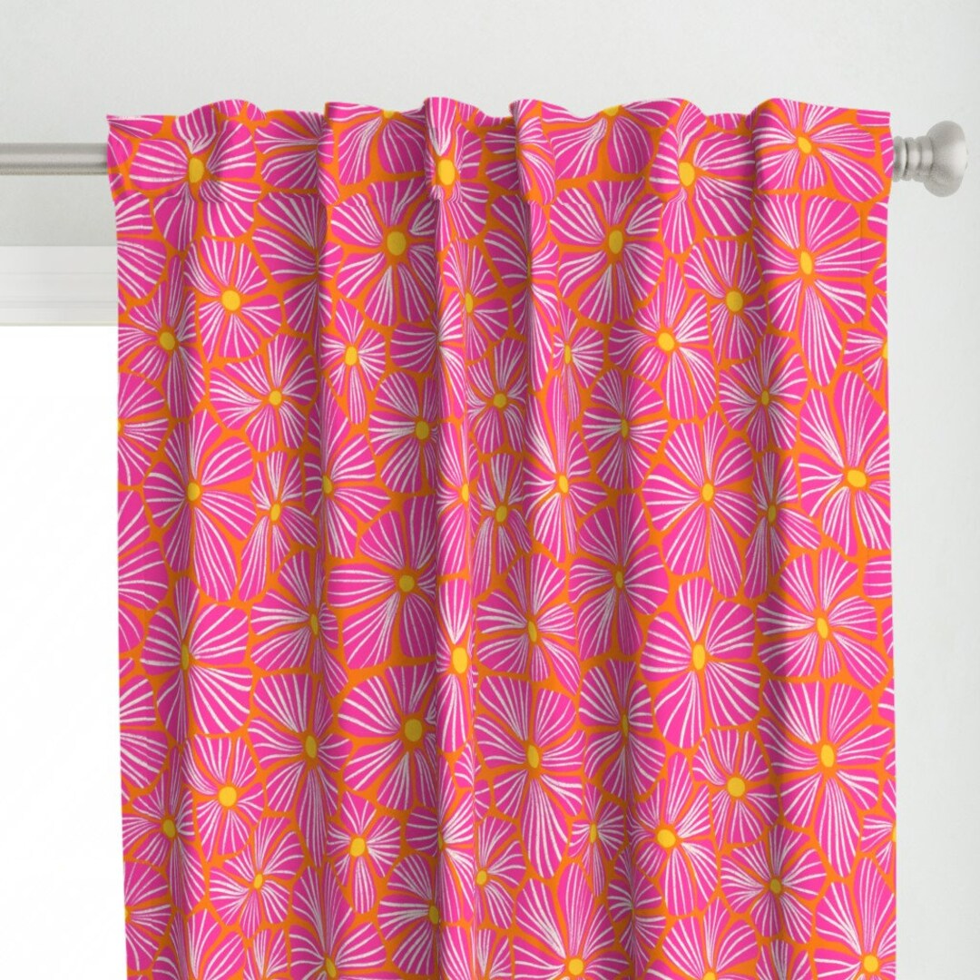 Hot Pink Floral Curtain Panel - Retro Flowers by Sandra_hutter_designs ...