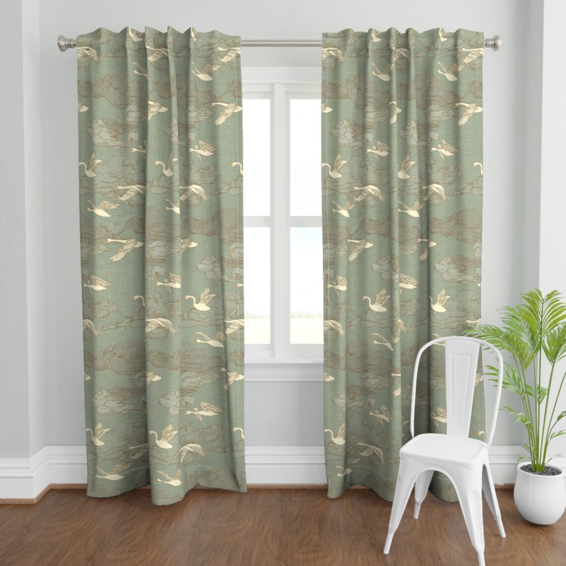 Fairy Tale Curtain Panel - Neutral Dusty Green Baby Nursery Birds in ...