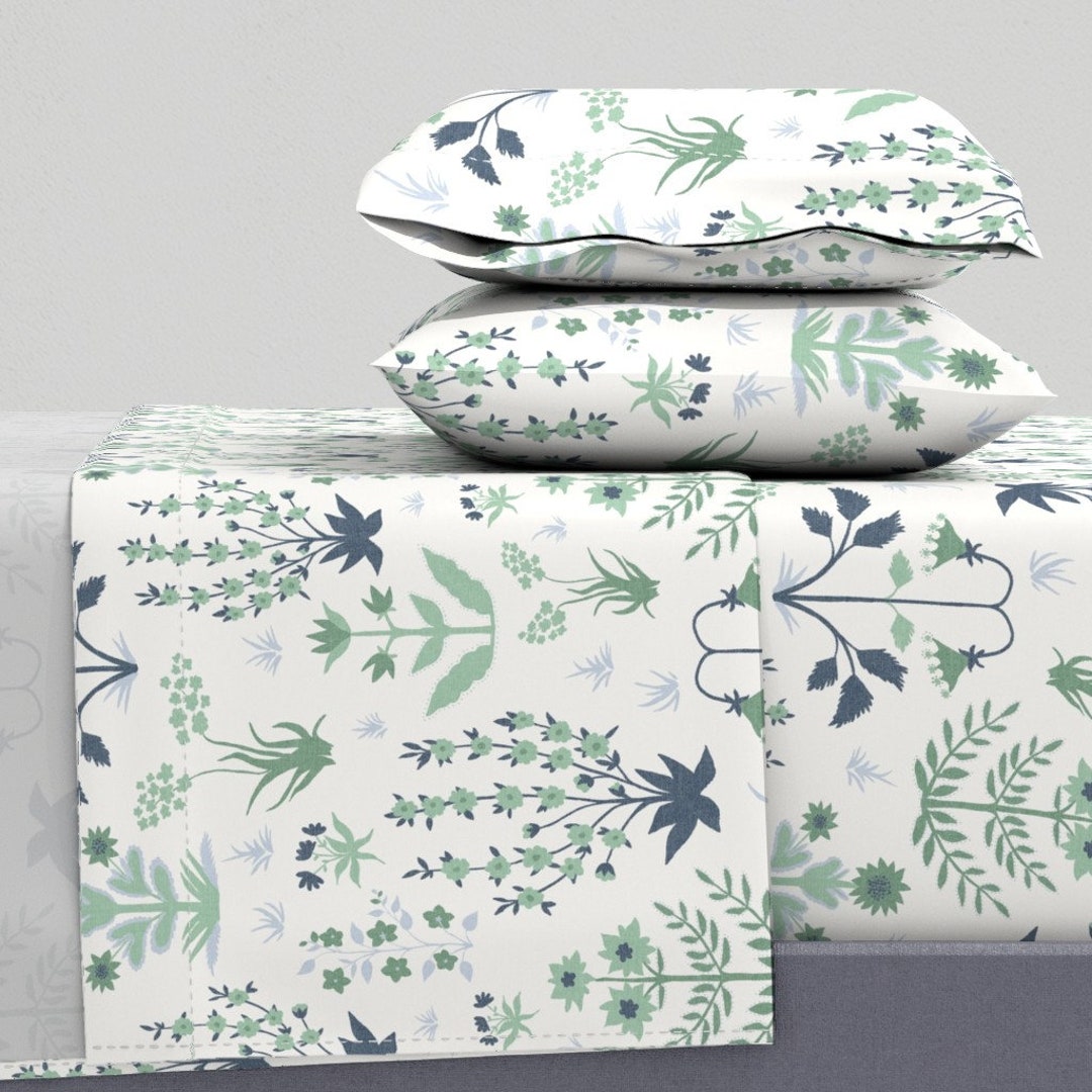 Green Botanical Sheets Mughal Field Green by Danika_herrick Blue Floral ...