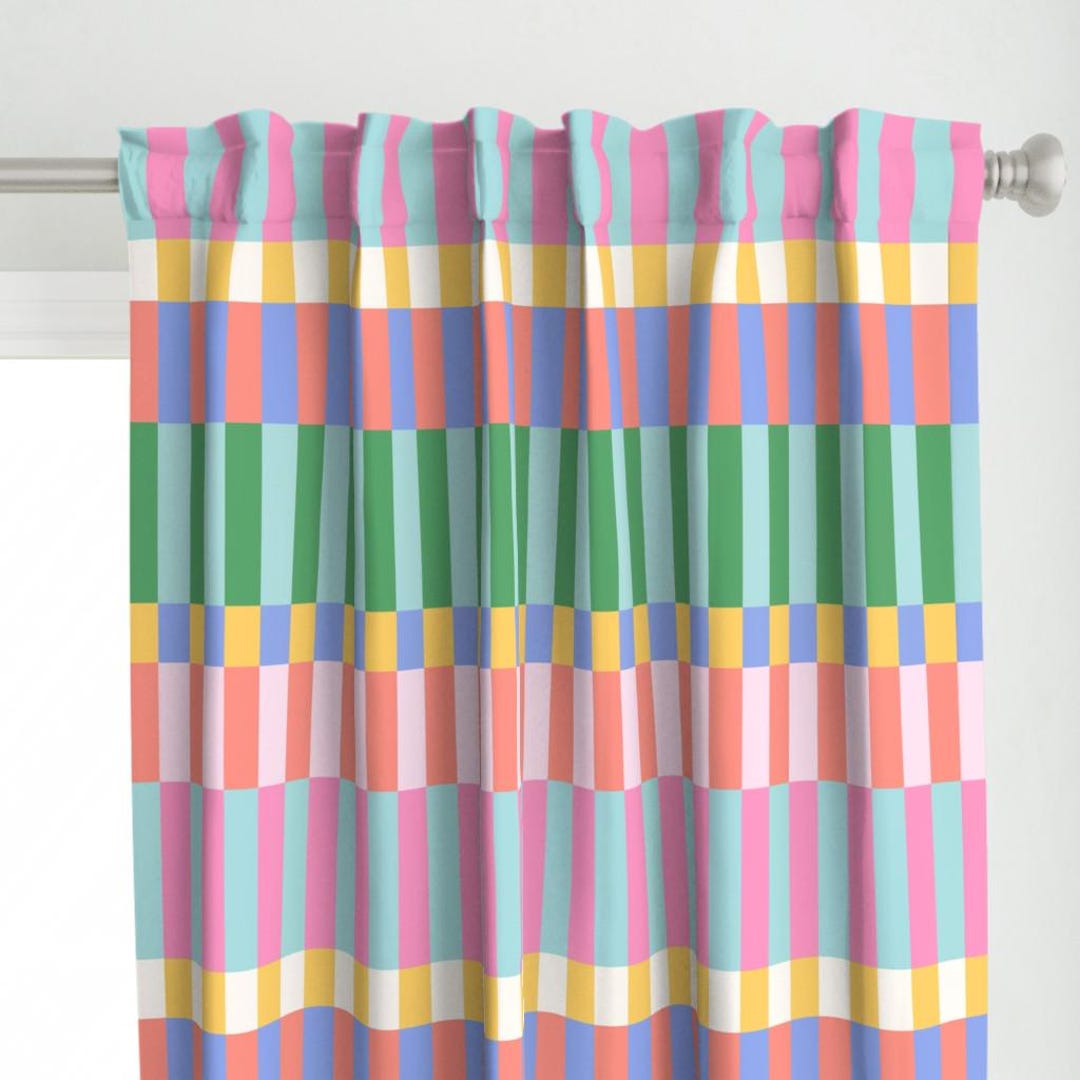 Bright Retro Check Curtain Panel - Geometric Stripe Chunky Check Blue ...