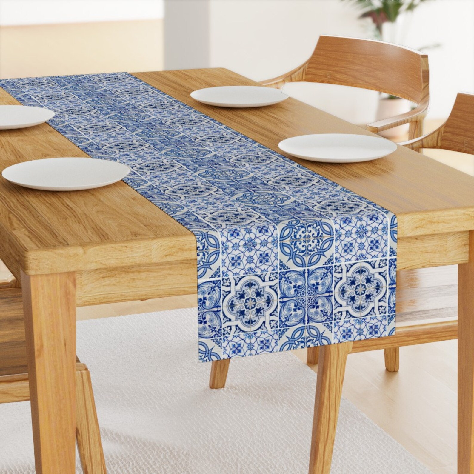 Mediterranean Tile Table Runner - Blue White Floral Moroccan Summer ...
