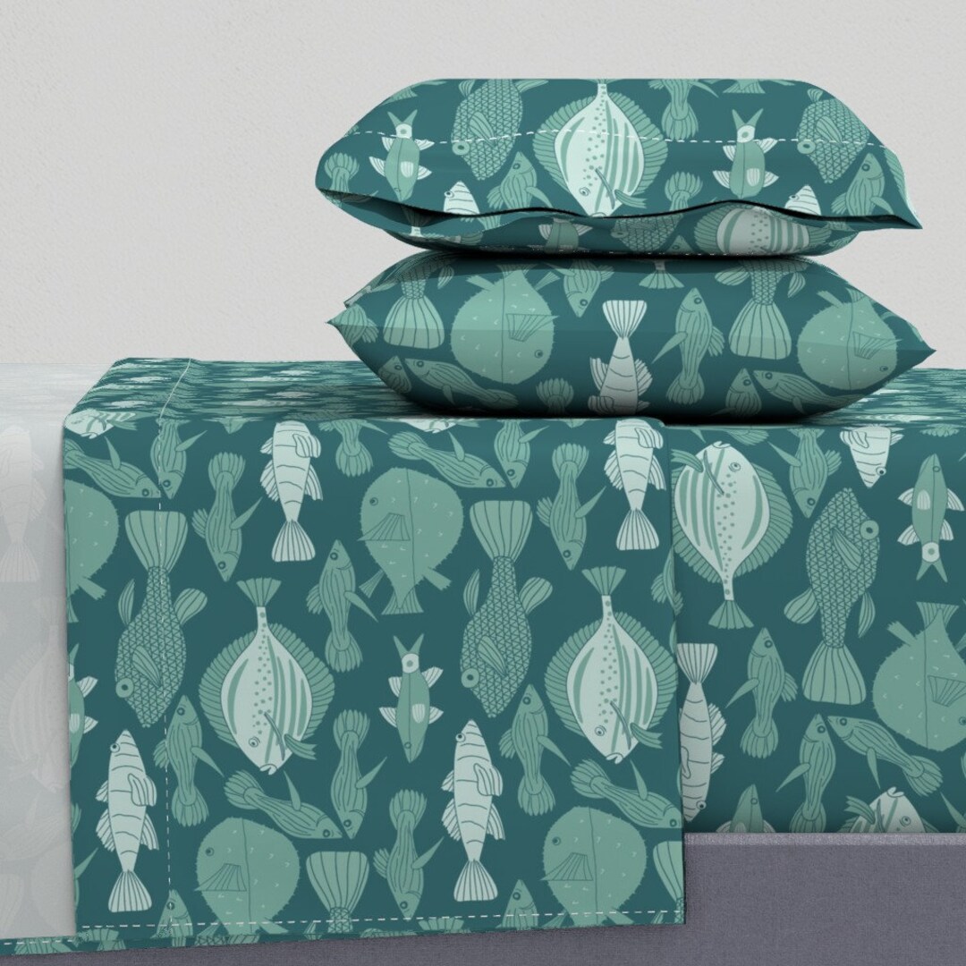 Monochrome Ocean Sheets Aqua Fish by Jen_sheppard_designs - Etsy