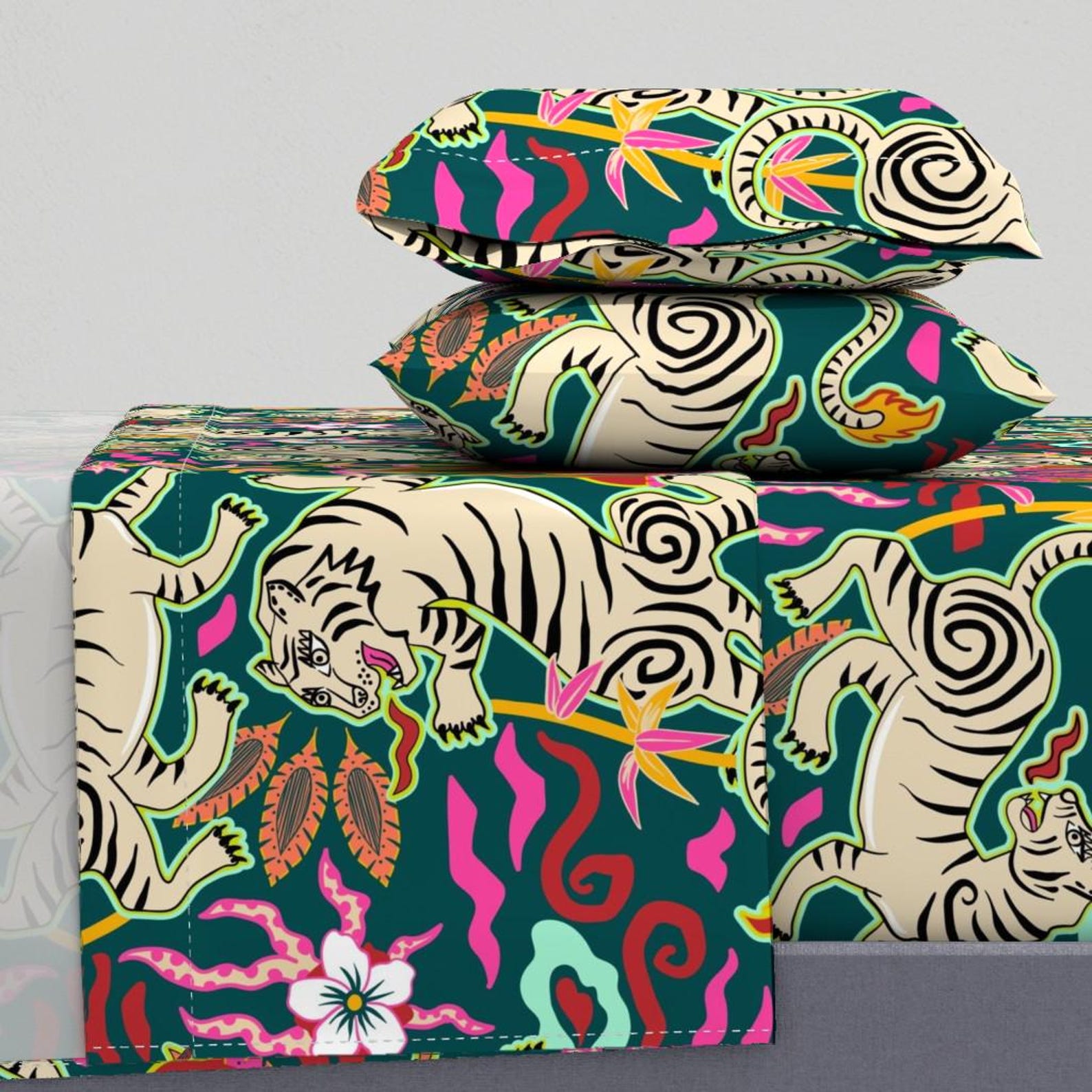 Dark Teal Sheets - Bright Flaming Tigers by Misentangledvision - Jumbo ...