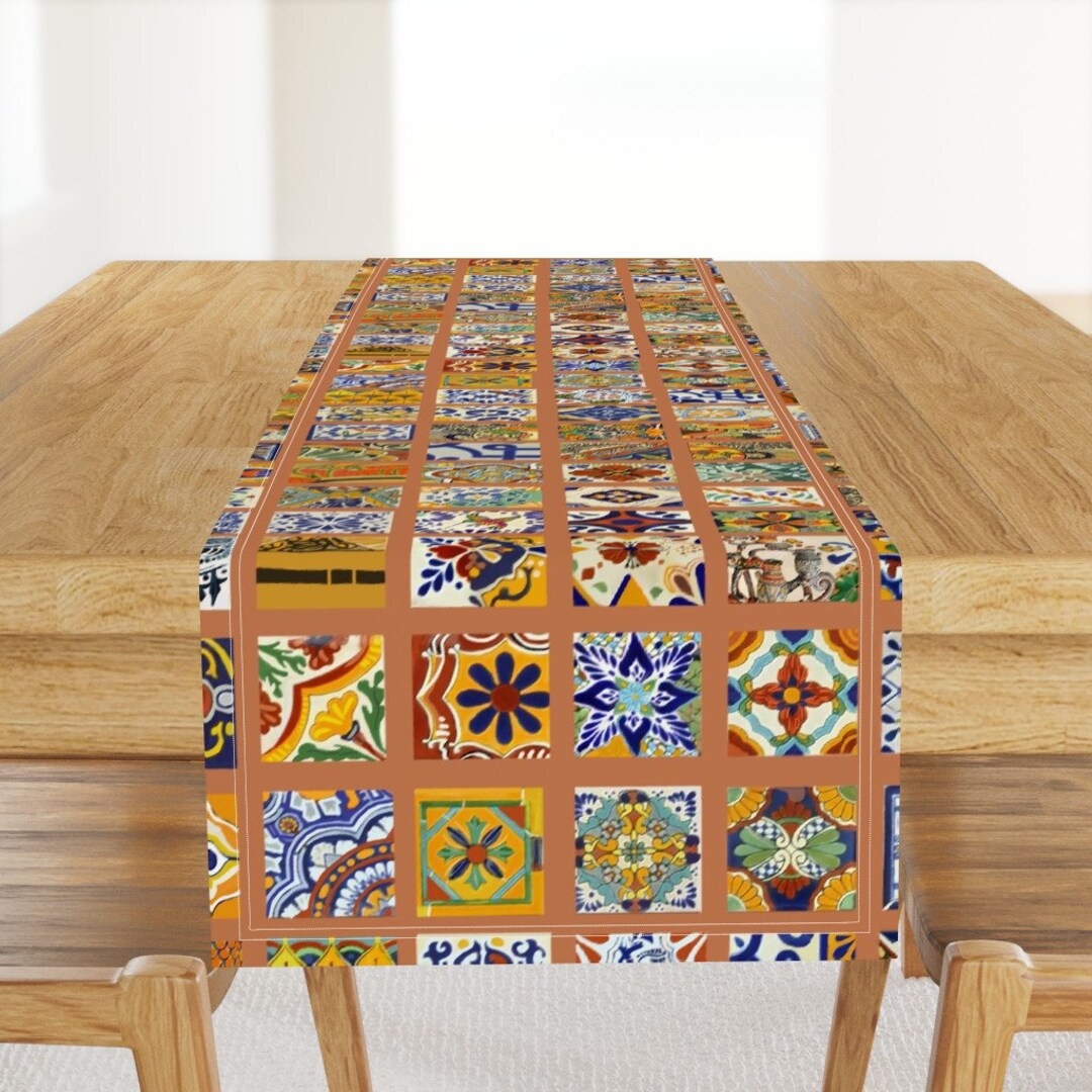 Pottery Table Runner - Geo Tiles Latin America Aztec Art Maya Kitchen ...