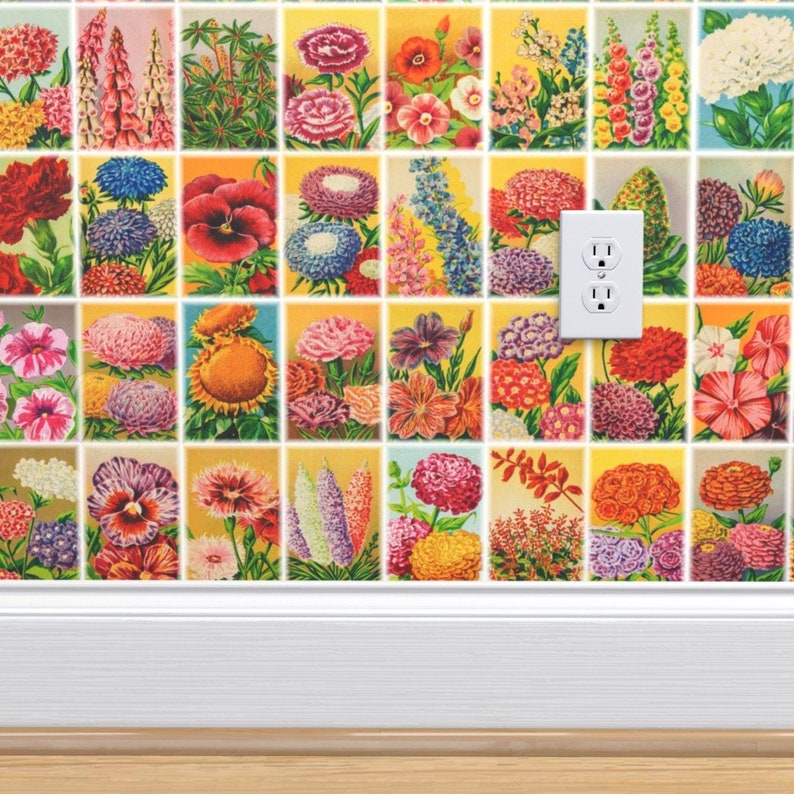 Retro Floral Commercial Grade Wallpaper Vintage Seed Packet - Etsy