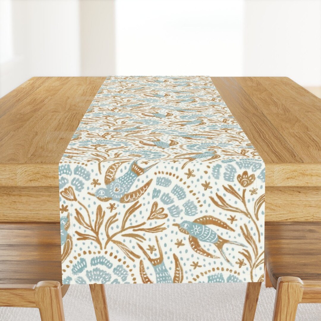 Folk Art Birds Table Runner - Pastel Light Blue Swallows Cinnamon Brown ...