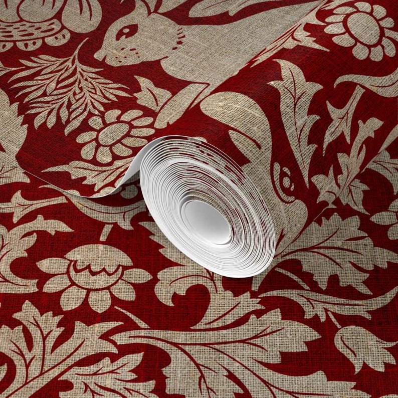 Victorian Damask Non-pasted Wallpaper Medieval Deep Red Beige - Rabbit ...