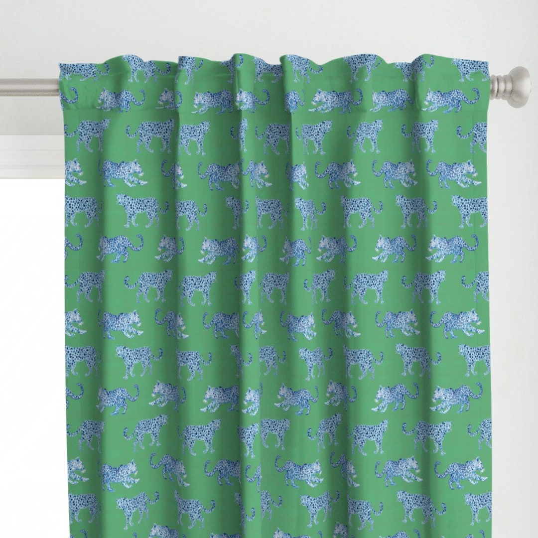 Leopard Curtain Panel Leopard Parade Blue on Celadon by Danika_herrick ...