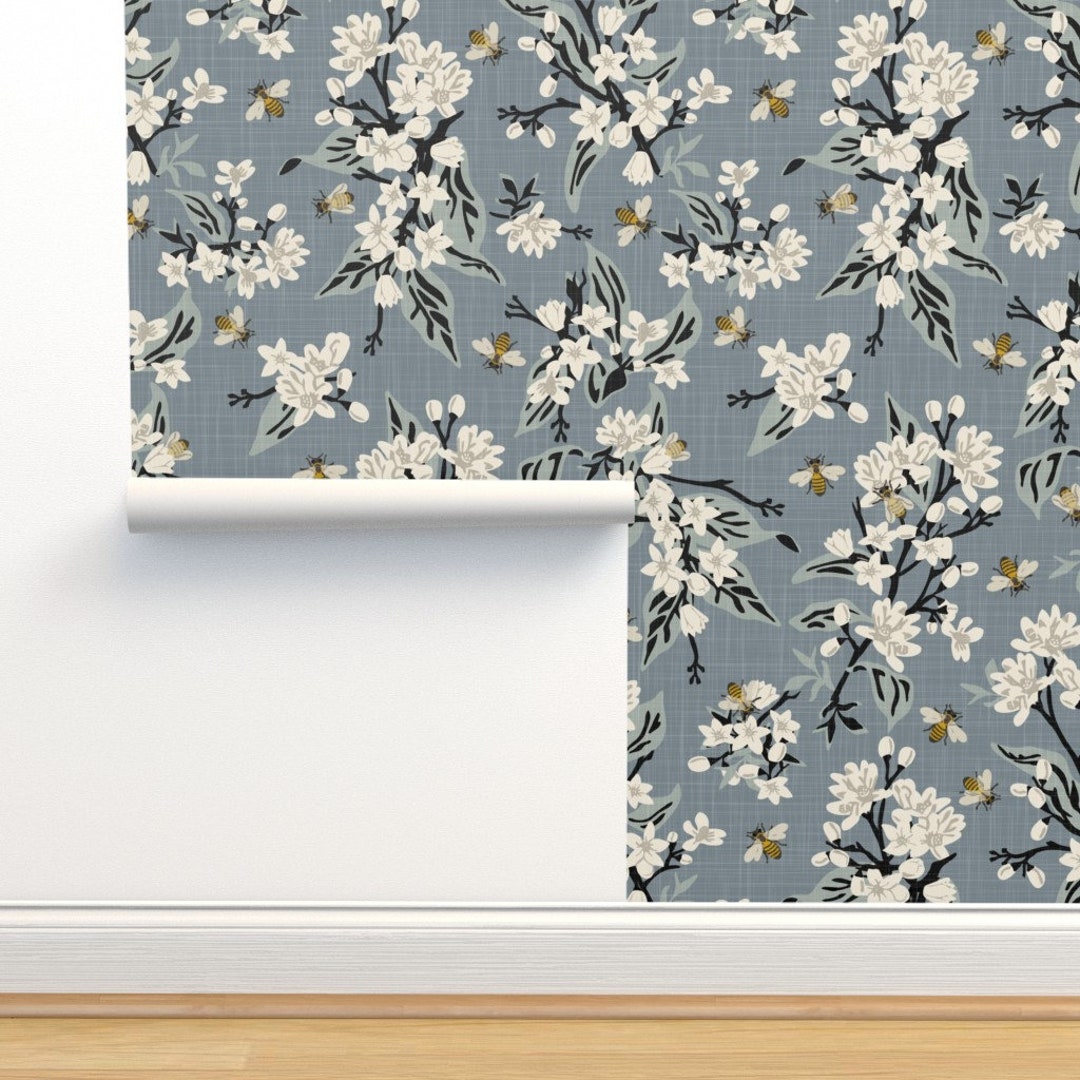 Preppy Non-pasted Wallpaper - Flowers and Bees Blue by Fernlesliestudio ...