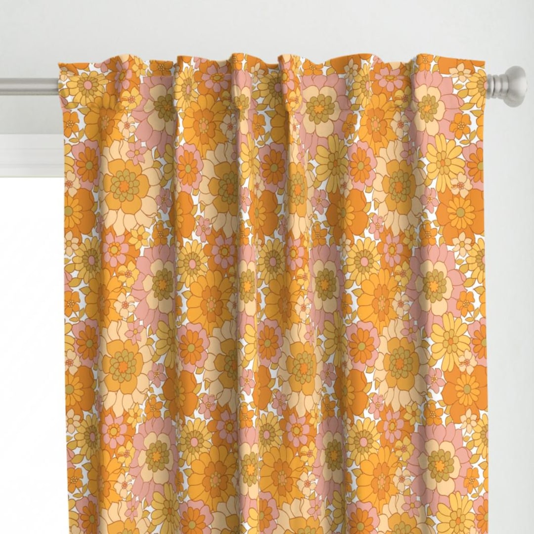 1970s Floral Curtain Panel - Avery Retro Floral on White by Red ...