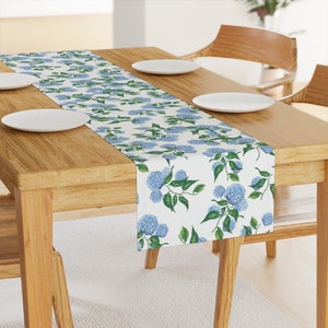 Hydrangea Floral Table Runner - Hydrangea Blue by Chrissyink - Blue Green Botanical Garden Bloom ...