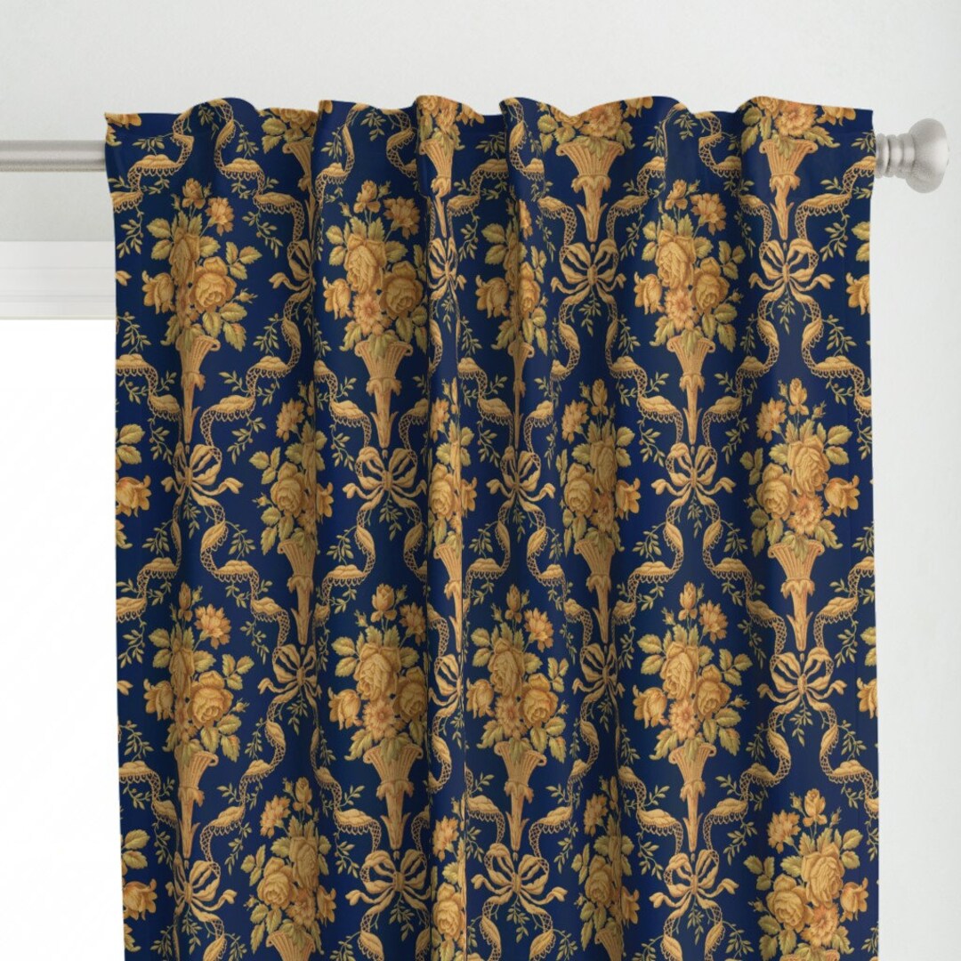 Rococo Damask Curtain Panel Deep Blue Damask by Muhlenkott Navy Gold ...