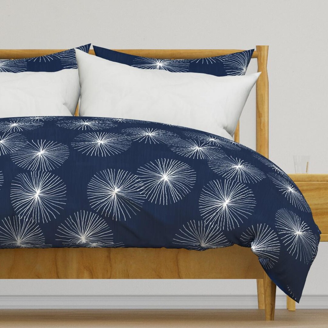 Mid Century Modern Bedding - Dandelions Navy & White by Friztin - Circle Snowflake Cotton Sateen ...