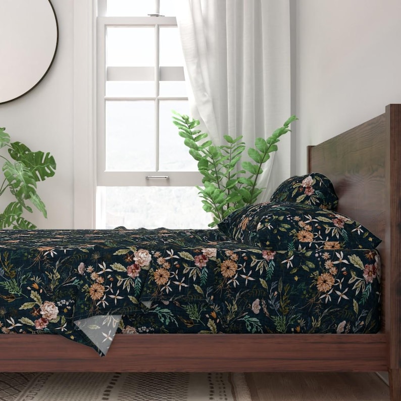 Dark Boho Floral Sheets - Delilah by Nouveau_bohemian - Teal Botanical ...