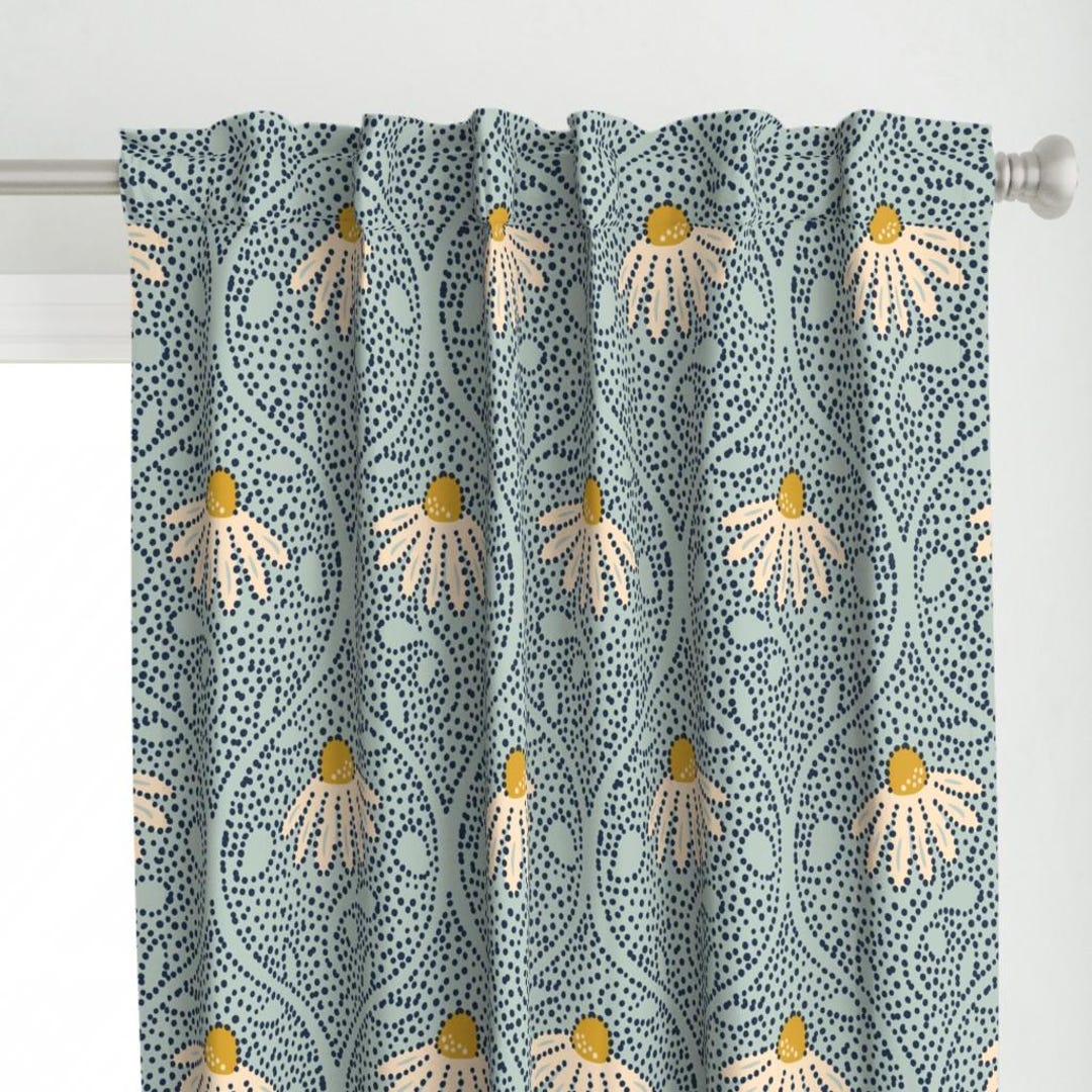 Cottagecore Curtain Panel - Botanical Blue Flowers Dots Meadow ...