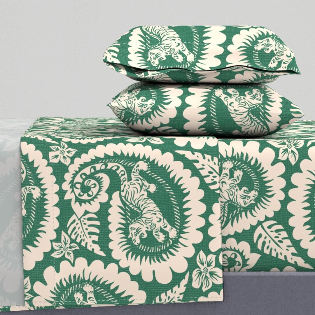 Block Print Style Sheets - Paisley Tiger Green Xl by Sabina_bala - Botanical Paisley Animal ...