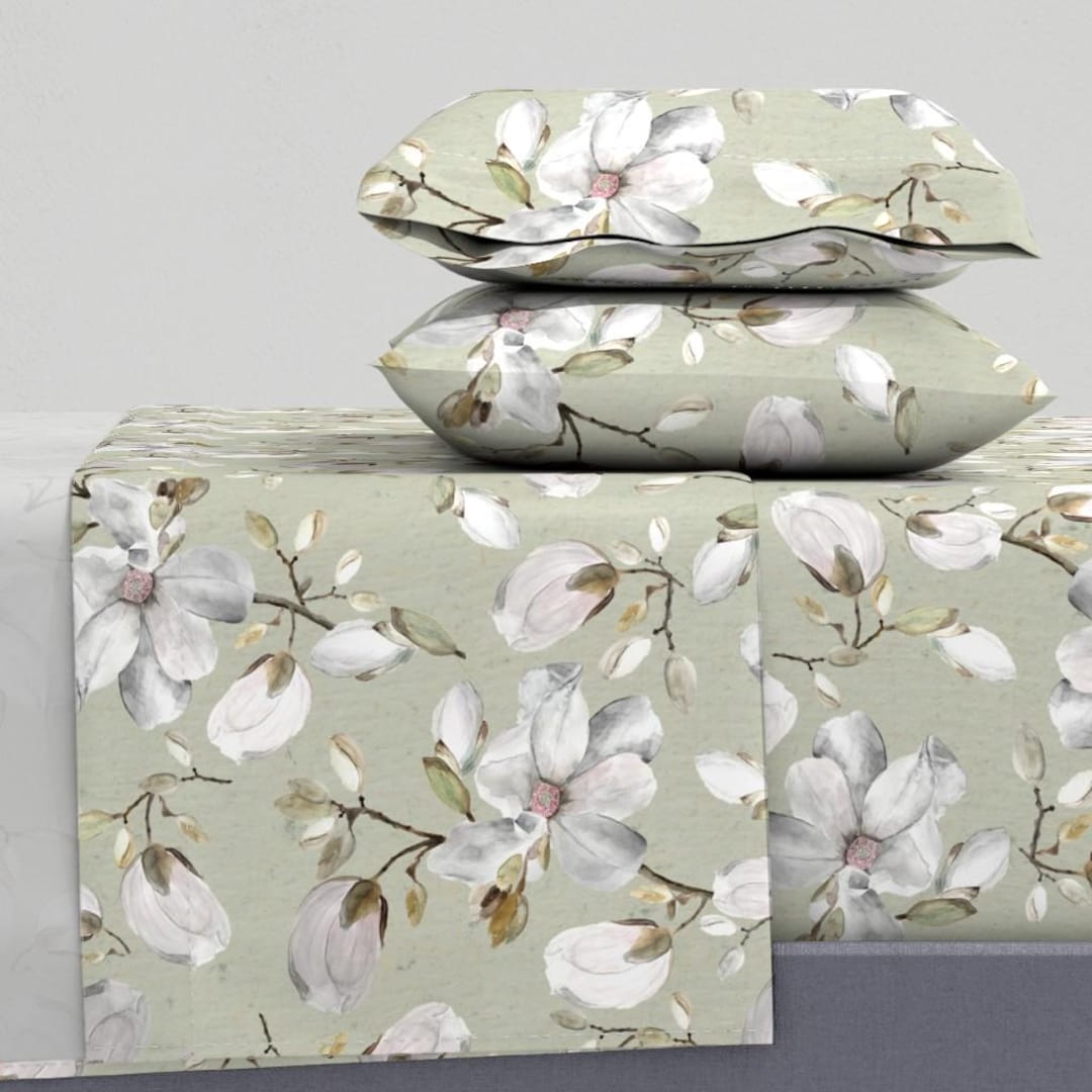 Watercolor Magnolias Sheets - Floral on Sage by Yvonnehartstudio ...