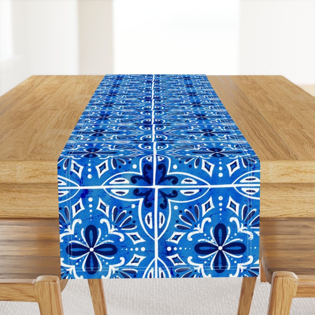 Spanish Tile Table Runner - Watercolor Tiles Cobalt Blue Geometric ...