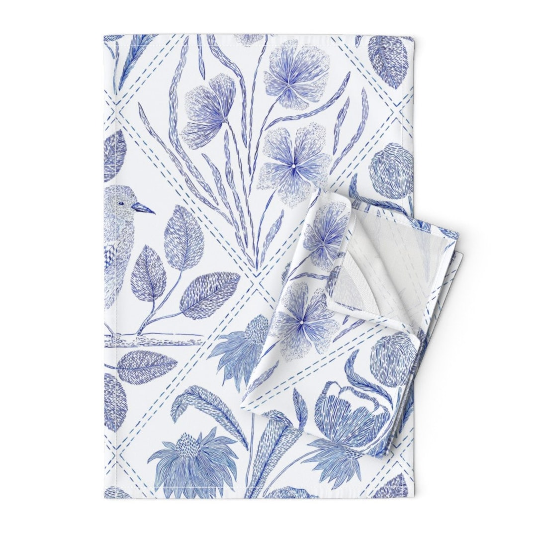 Blue Tea Towels set of 2 Floral Toile by Denesannadesign Flowers Bird ...