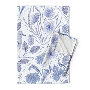 Blue Tea Towels set of 2 Floral Toile by Denesannadesign Flowers Bird ...