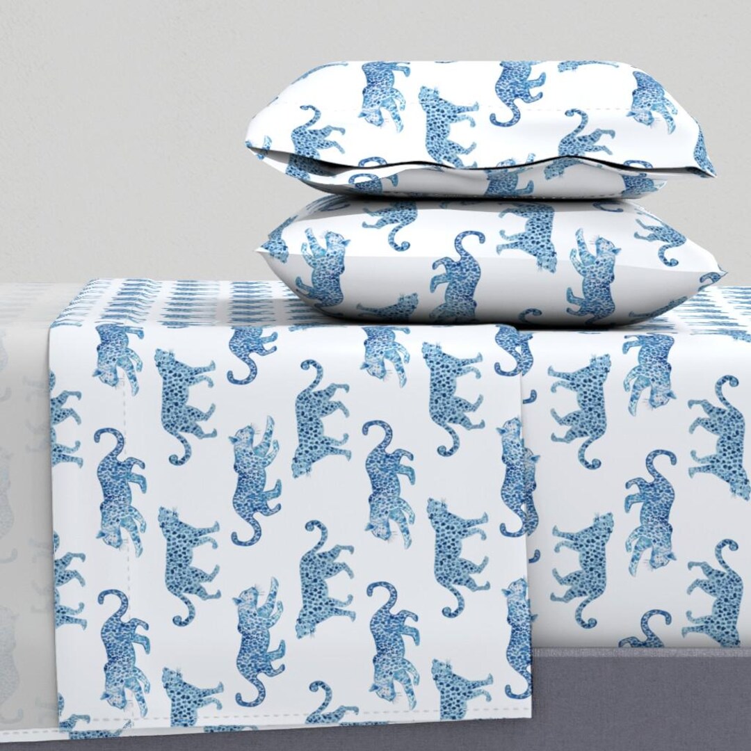 Exotic Animal Sheets - Leopard Parade Blue White by Danika_herrick ...