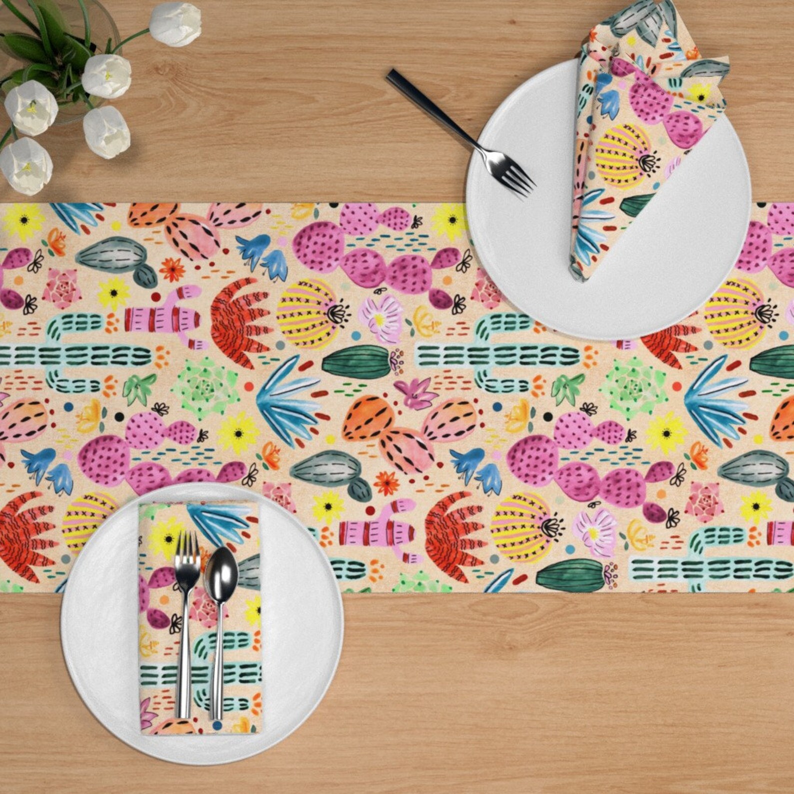 Watercolor Cactus Table Runner Fantasy Cacti by Tigatiga - Etsy