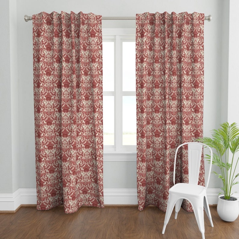 Ruby Red Floral Curtain Panel - Block Print Traditional Folk Art Damask ...