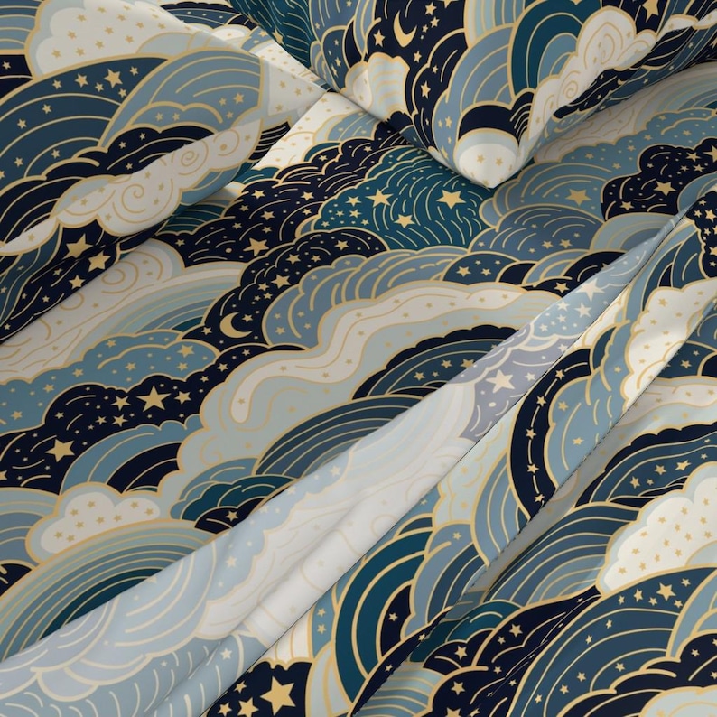 Night Sky Sheets - Clouds and Stars by Misodart - Blue Yellow Sleepy ...