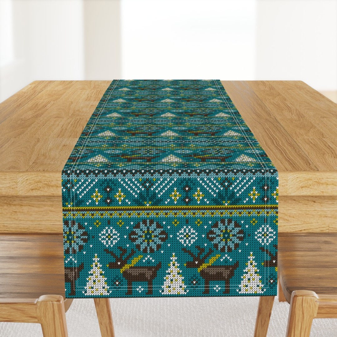 Reindeer Table Runner Festive Fair Isle Teal by Heatherdutton Fair Isle ...