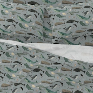 Sea Life Sheets - Whales Song Denim by Katherine_quinn - Boho Whales ...