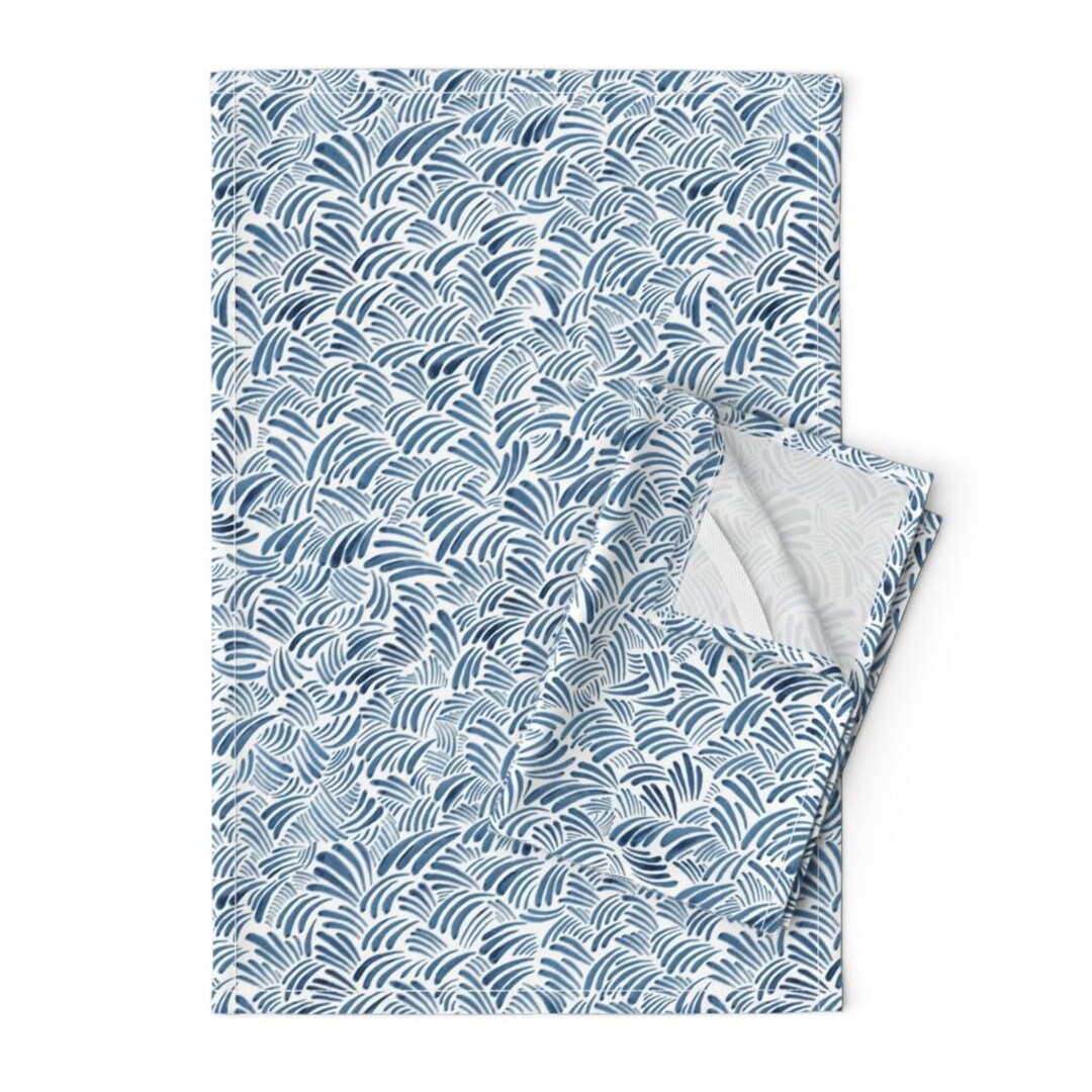 Abstract Waves Tea Towels Set of 2 - Coastal Nautical Ocean Blue White ...