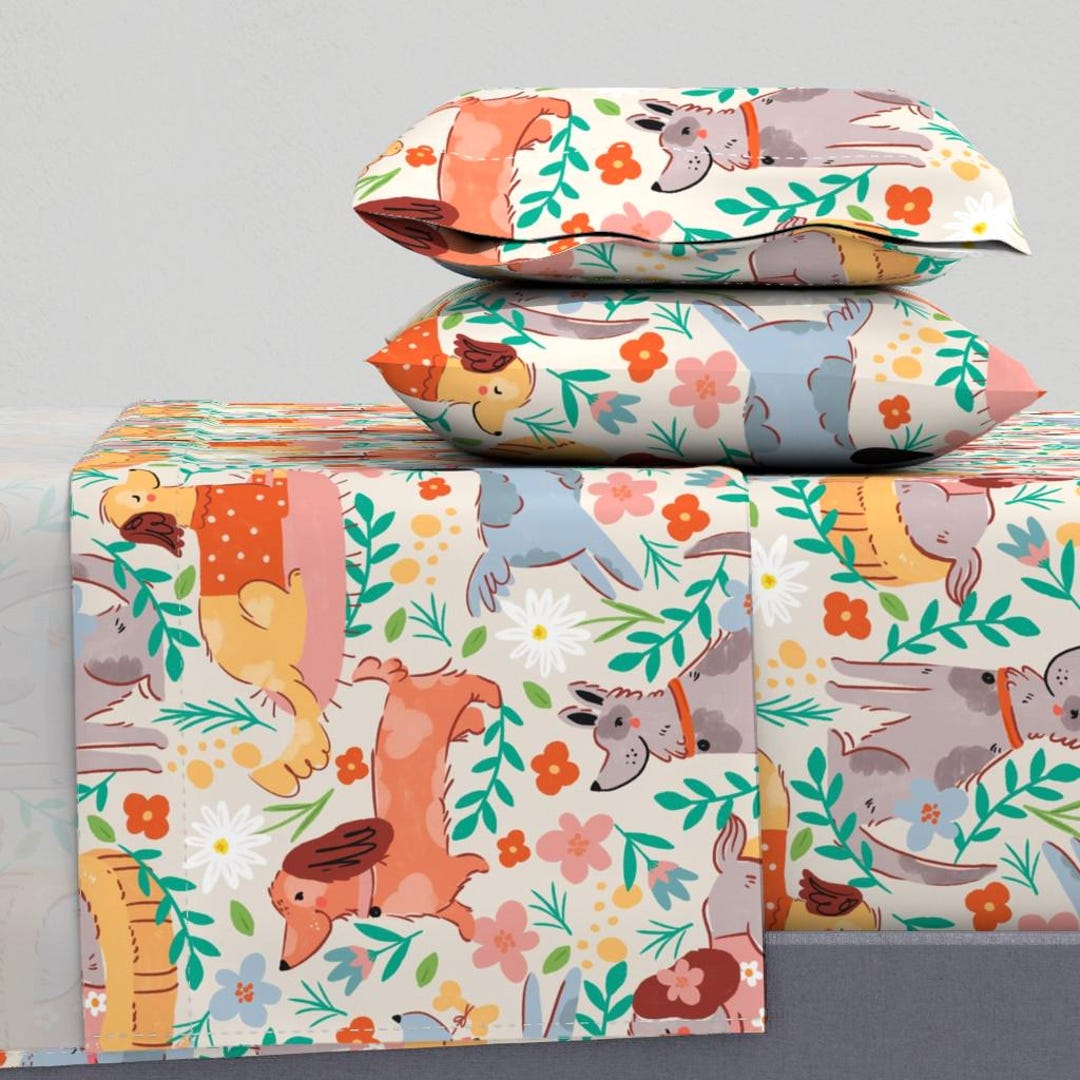 Cartoon Dog Sheet Set: Flower Garden Puppies, Cotton Sateen Bedding - Etsy