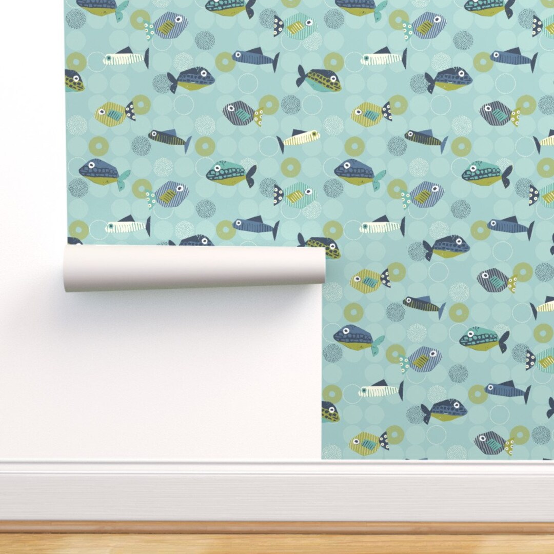 Lake Commercial Grade Wallpaper Green Fish Blue Fish by - Etsy